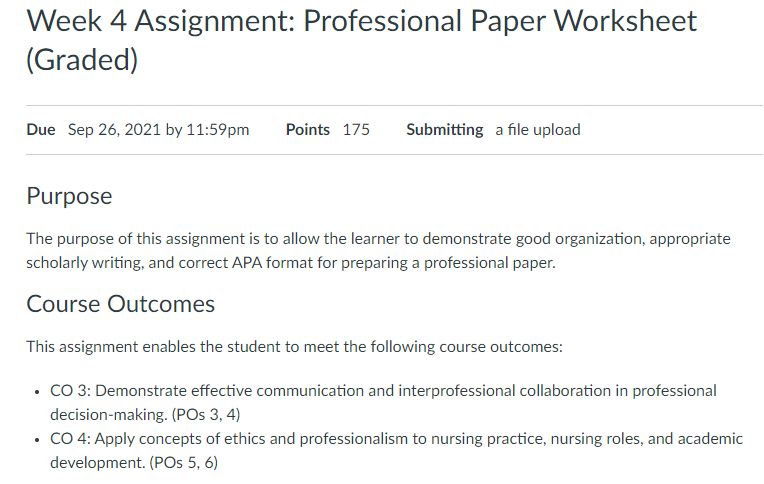 (Answered) NR351 Week 4 Assignment: Professional Paper Worksheet (Graded) - Scol Tutorials