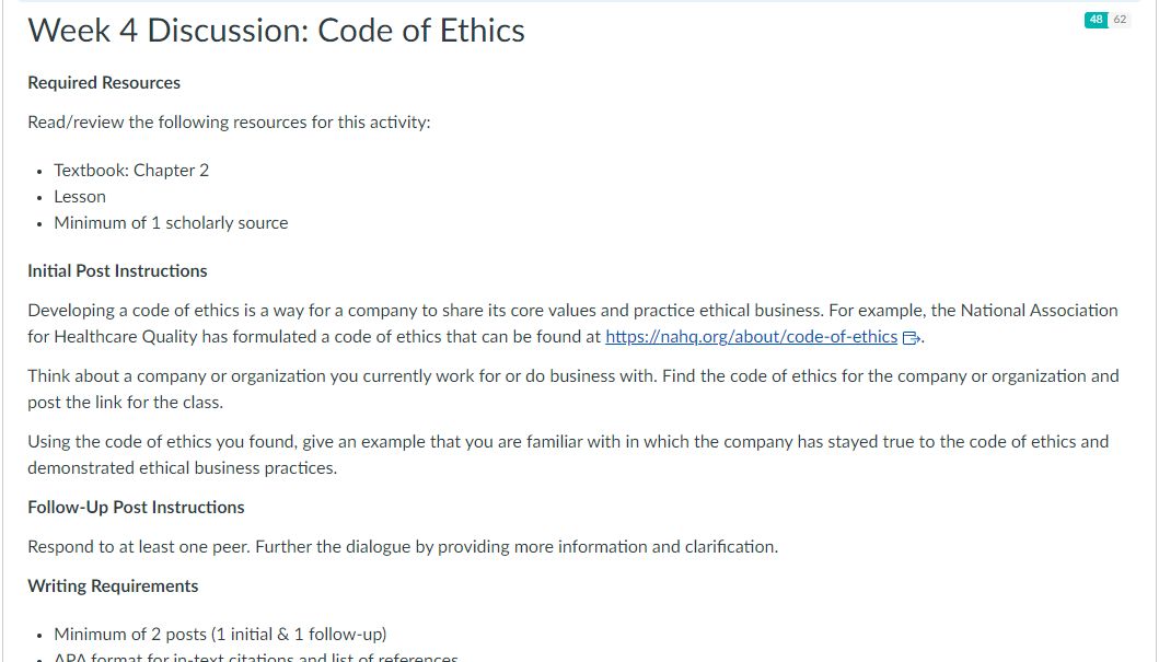 (Solution) BUSN115N Week 4 Discussion: Code of Ethics - Scol Tutorials