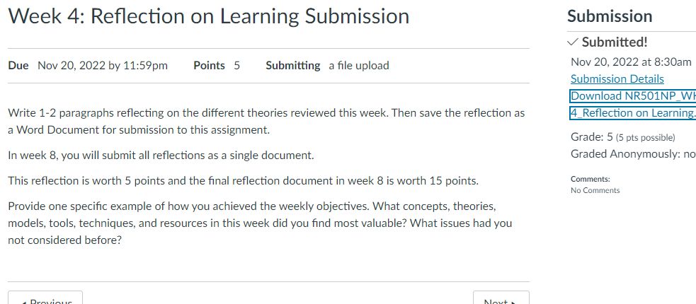 (Answered) NR501NP Week 4: Reflection on Learning Submission -Week 4 ...