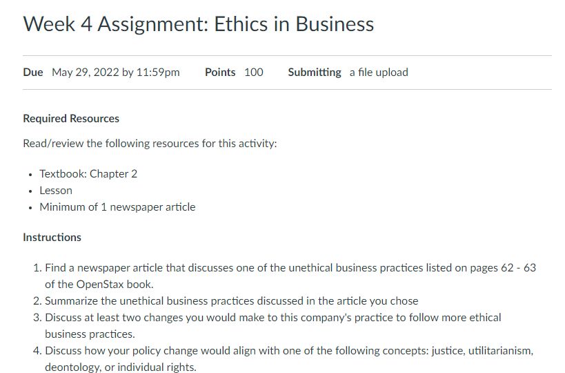 (Solution) BUSN115N Week 4 Assignment: Ethics in Business - Scol Tutorials